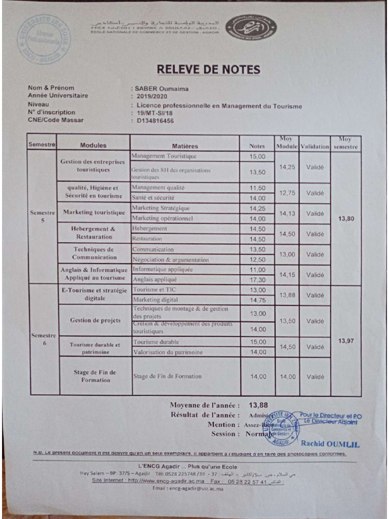 Relevé de Notes de Licence Professionnelle (1) - Page-0001 | PDF