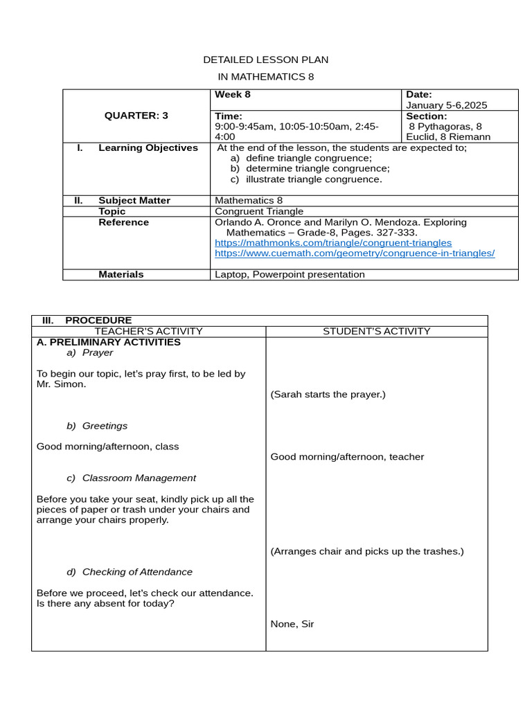 DETAILED LESSON PLAN - Congruent Triangle | PDF | Triangle | Elementary ...