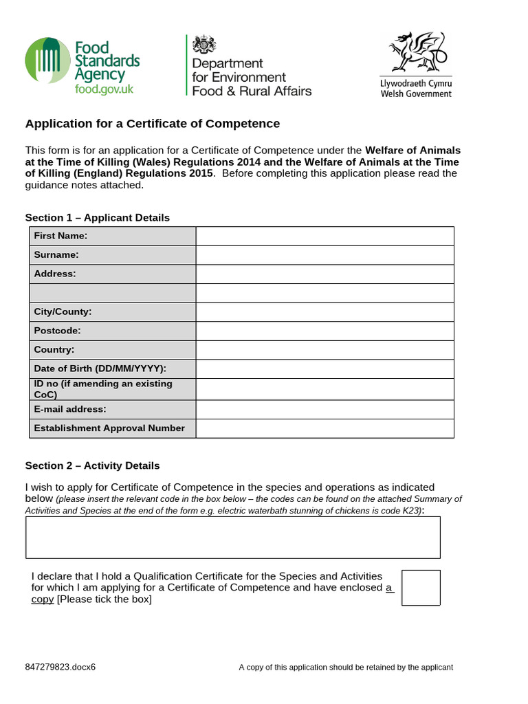 Certificate Competence Slaughter Application Form | PDF | Animals And ...