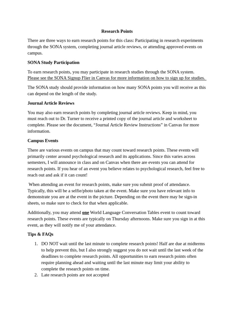 Earn Research Points: SONA, Reviews, Events | PDF