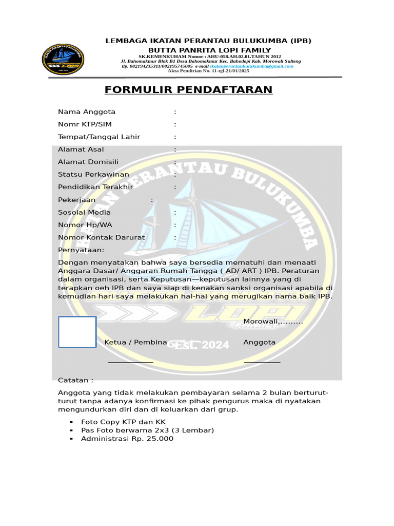 Formulir Pendaftaran Lembaga Ipb | PDF