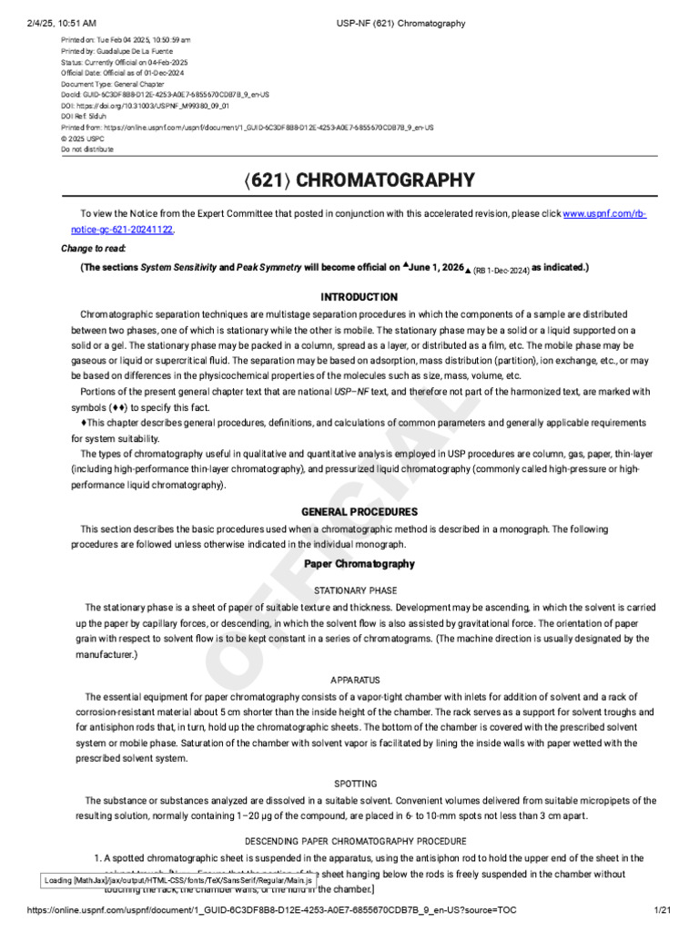 USP-NF 〈621〉 Chromatography | PDF | Chromatography | Gas Chromatography