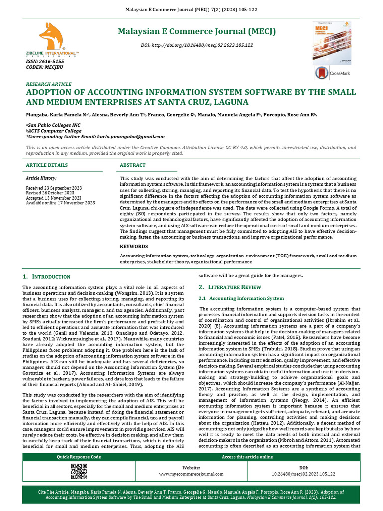 Adoption of Accounting Information System Software | PDF | Quick Books | Accounting