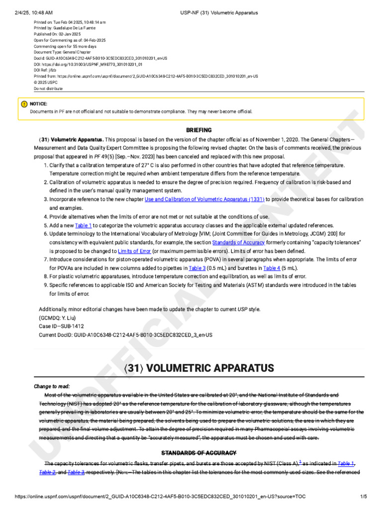 USP-NF 〈31〉 Volumetric Apparatus | PDF | Volume | Metrology