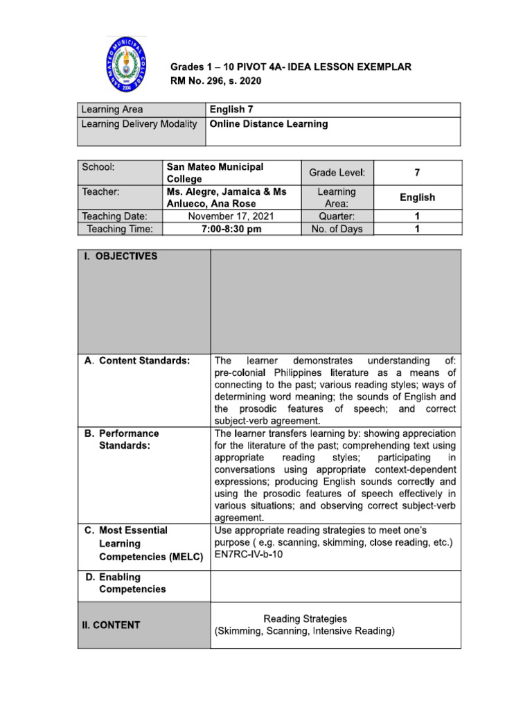 Alegre & Anlueco IDEA Lesson Exemplar | PDF