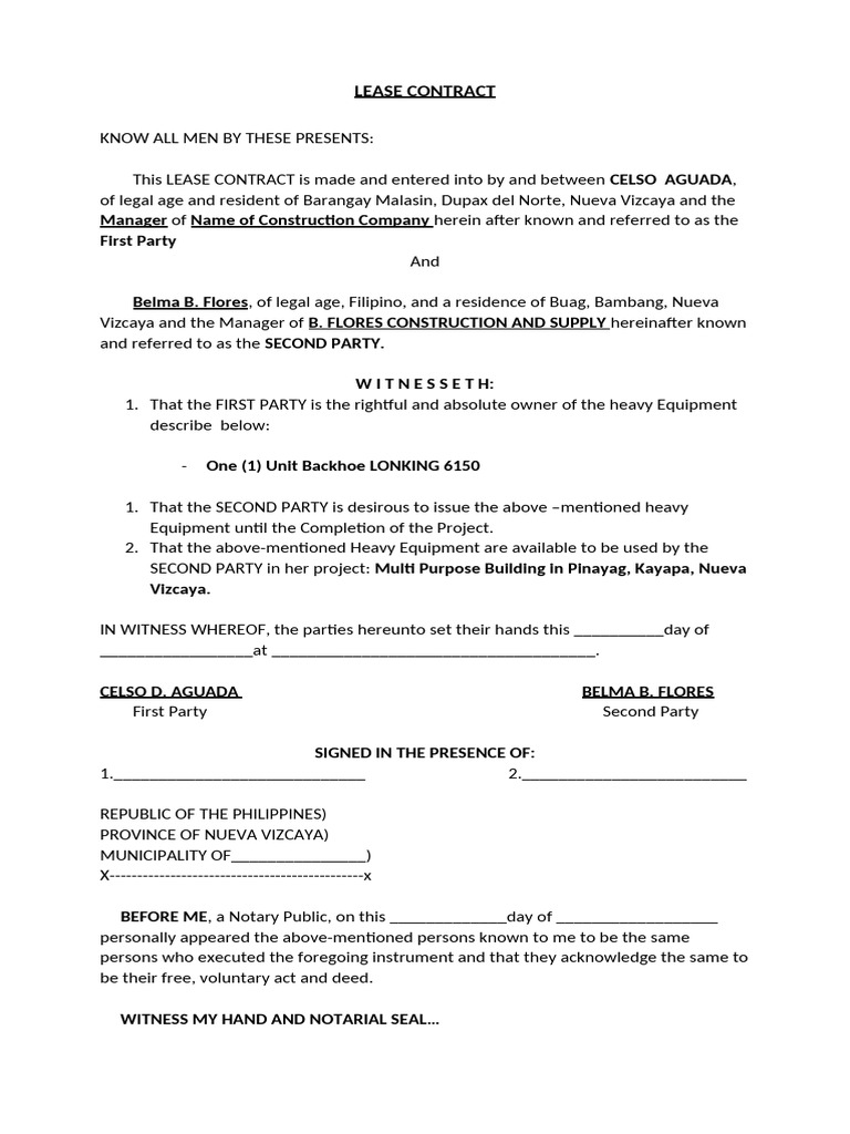 Lease Contract for Heavy Equipment | PDF