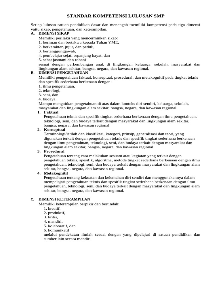 Kompetensi Lulusan SMP: Sikap, Pengetahuan, Keterampilan | PDF
