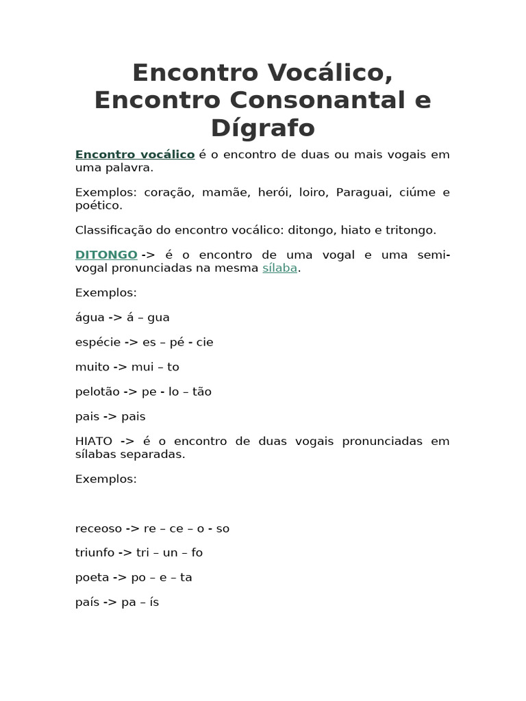 Encontro Vocálico, Consonantal e Digrafo | PDF