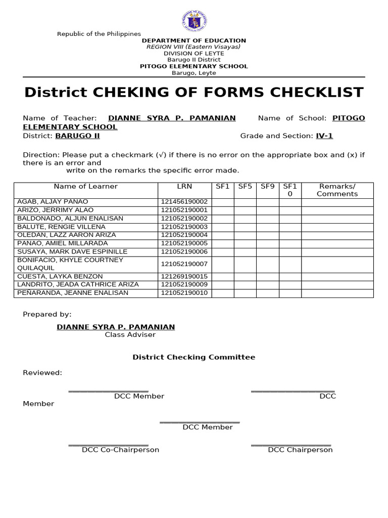 Pitogo Elementary School Forms Checklist | PDF