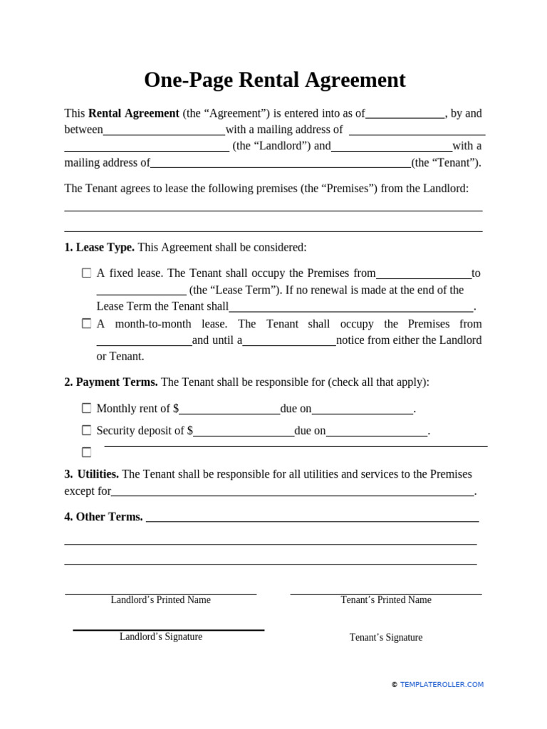 One-Page Rental Agreement Template | PDF