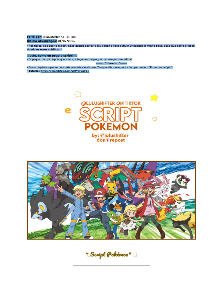Script: Pokémon ! @lulushifter on tiktok & pinterest | don't repost ?? | PDF | Dinheiro