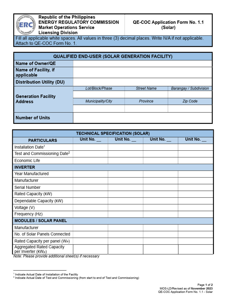 1.1 QE-COC Application Form No.1.1 (Solar) - Vernov2023 | PDF | Solar ...
