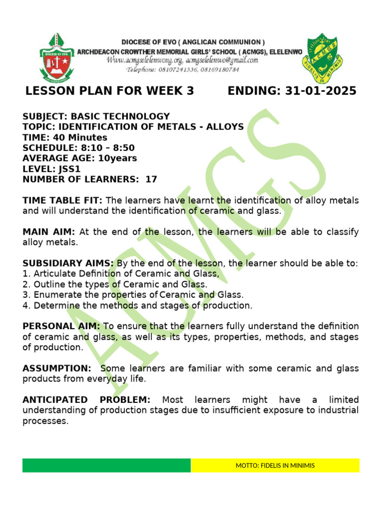 JSS1 Basic Tech Lesson Plan Week 4 | PDF | Glasses | Ceramics
