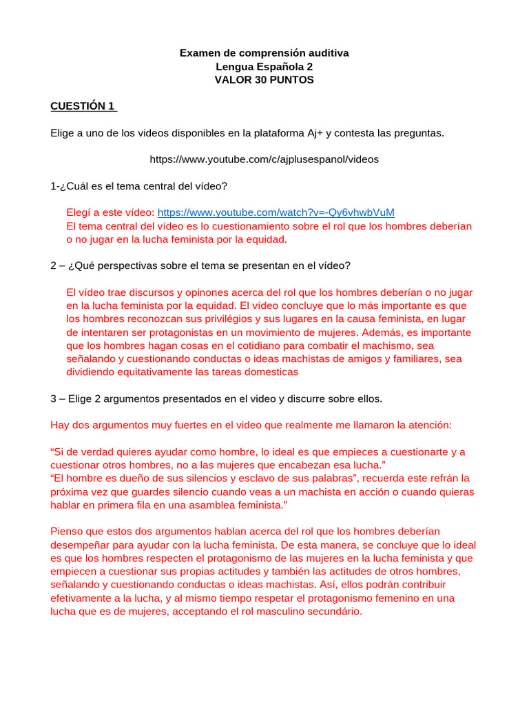 Examen de comprensión auditiva en español | PDF | Feminismo | Estudios ...