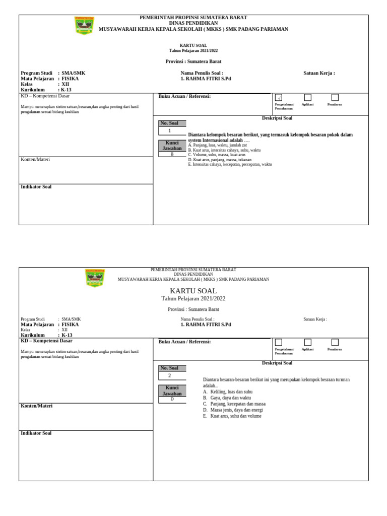 KARTU SOAL UAS TAHUN AJARAN 2021 2022 | PDF