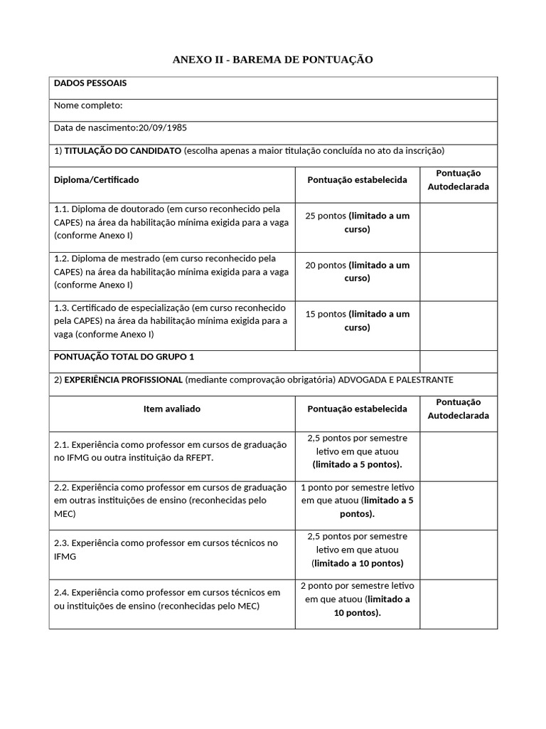 Barema de Pontuação para Candidatos | PDF | Academia | Ensino Superior