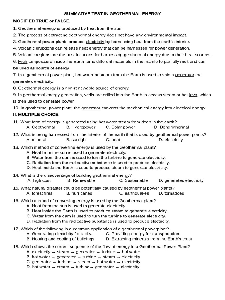 Geothermal Energy Test: True/False & MCQ | PDF | Geothermal Energy ...