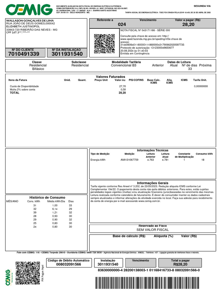 Comprovante de Residencia Cemig | PDF