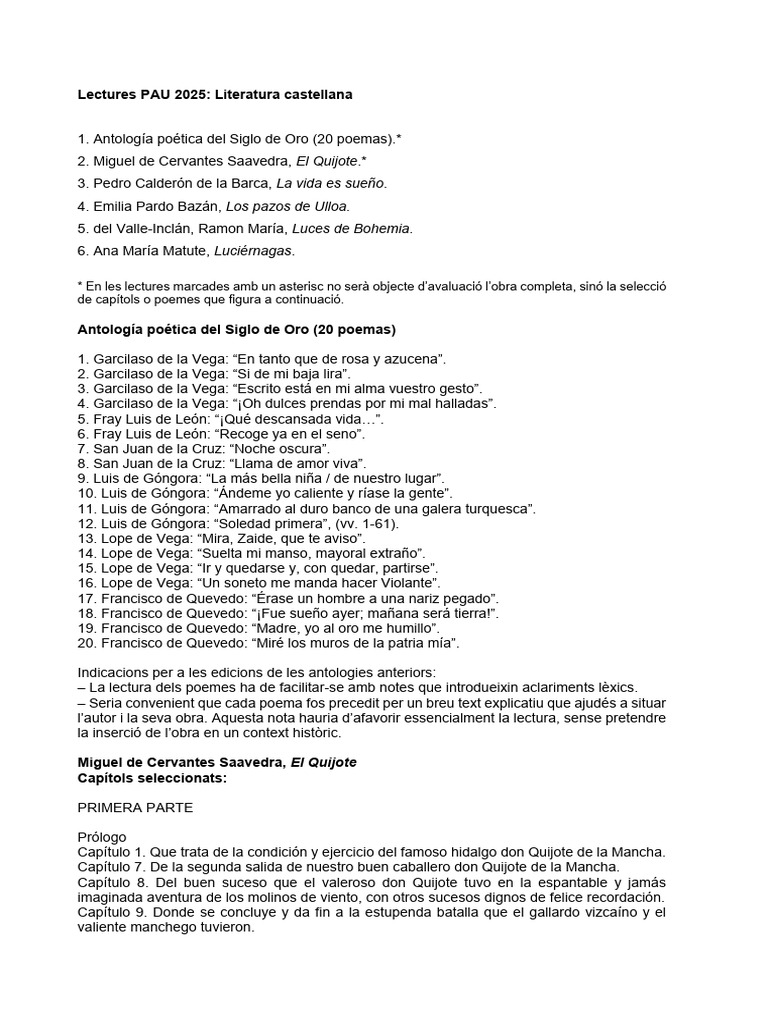 Lecturas PAU 2025: Literatura Castellana | PDF | Don Quijote ...