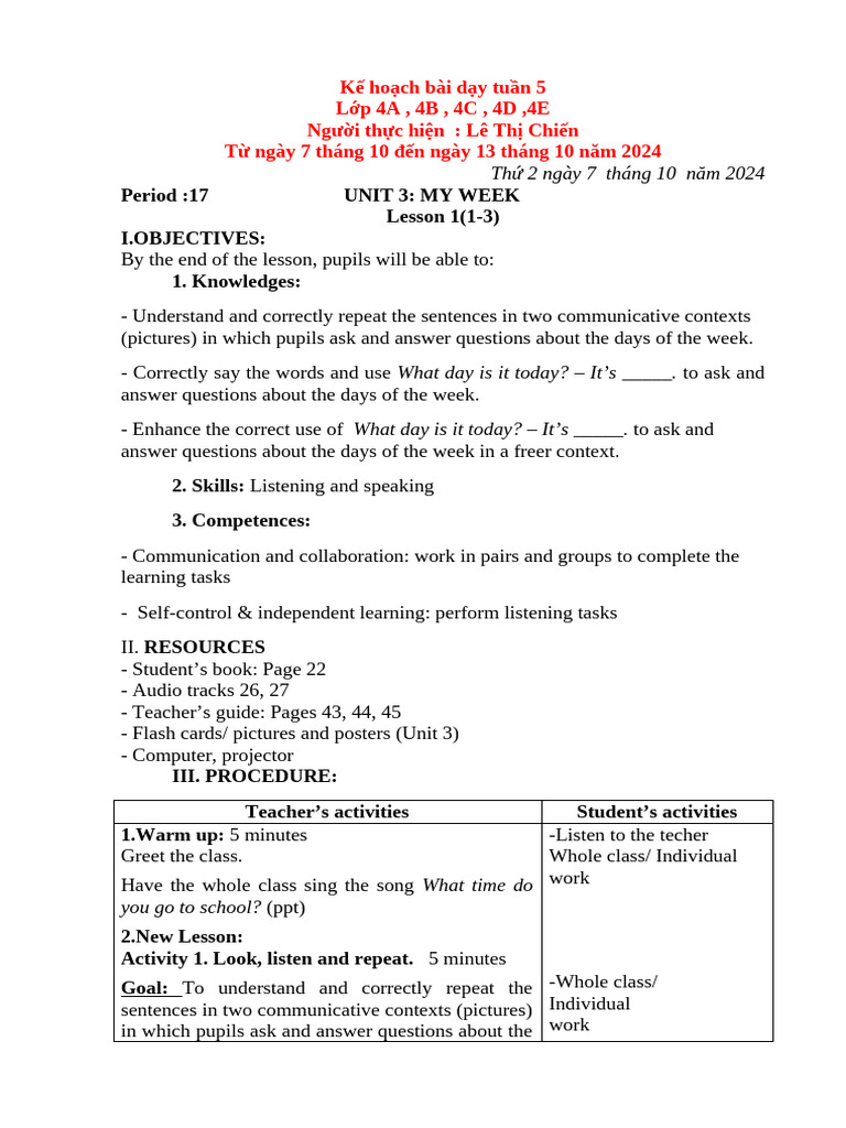 Kế hoạch bài dạy lớp 4: Unit 3 My Week | PDF | Question | Teachers