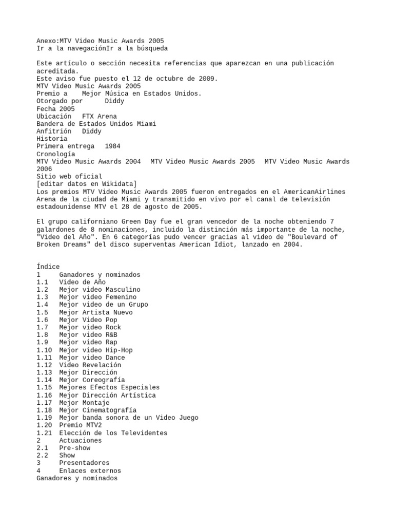 MTV Video Music Awards 2005: Ganadores y Nominados | PDF | Wikipedia ...