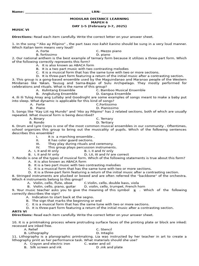 Pointers For Review in Mapeh Q3 | PDF | Printmaking | Cello