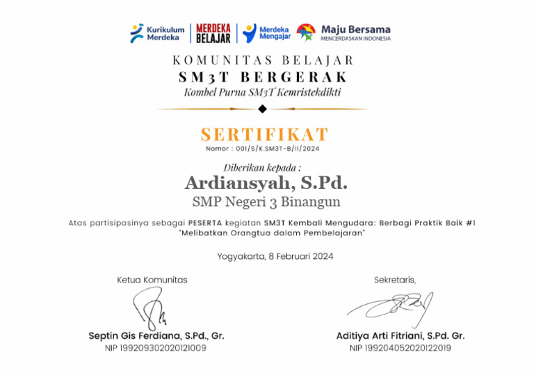 Contoh Sertifikat Webinar Berbagi Praktik Baik | PDF