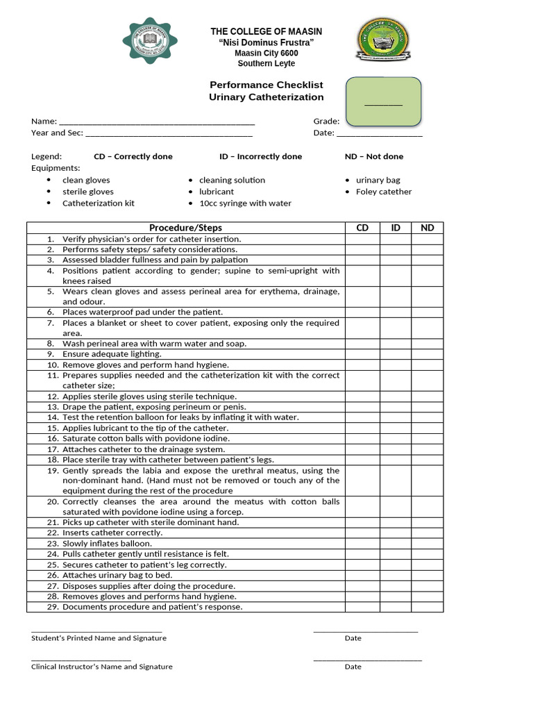 Performance Checklist Catheterization | PDF | Catheter | Clinical Medicine
