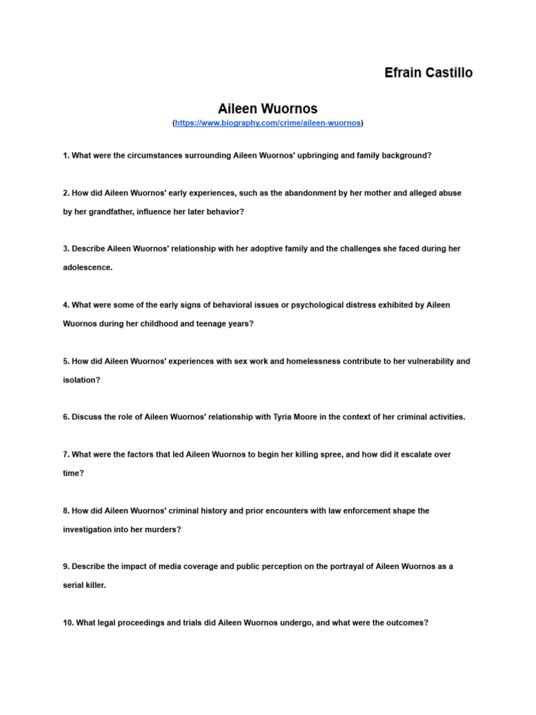 Efrain Castillo-Aileen Wuornos Queastions | PDF
