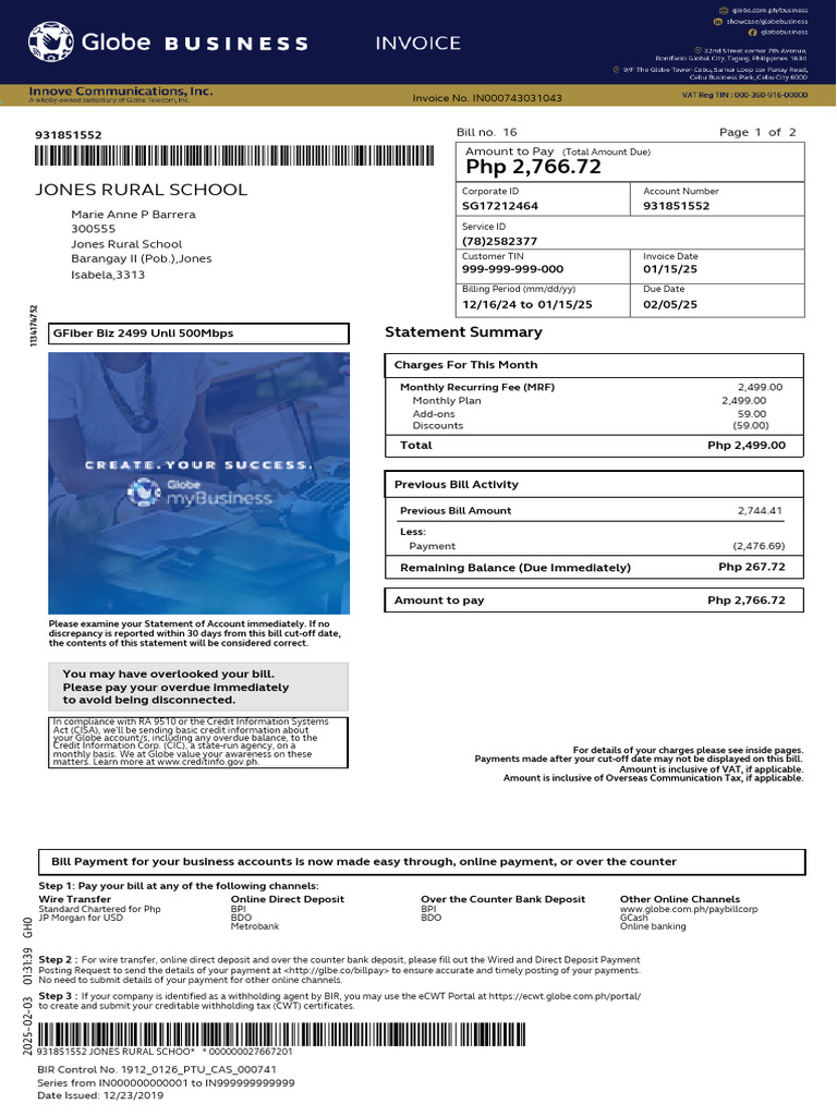 Globe Bill 931851552 | PDF | Value Added Tax | Payments