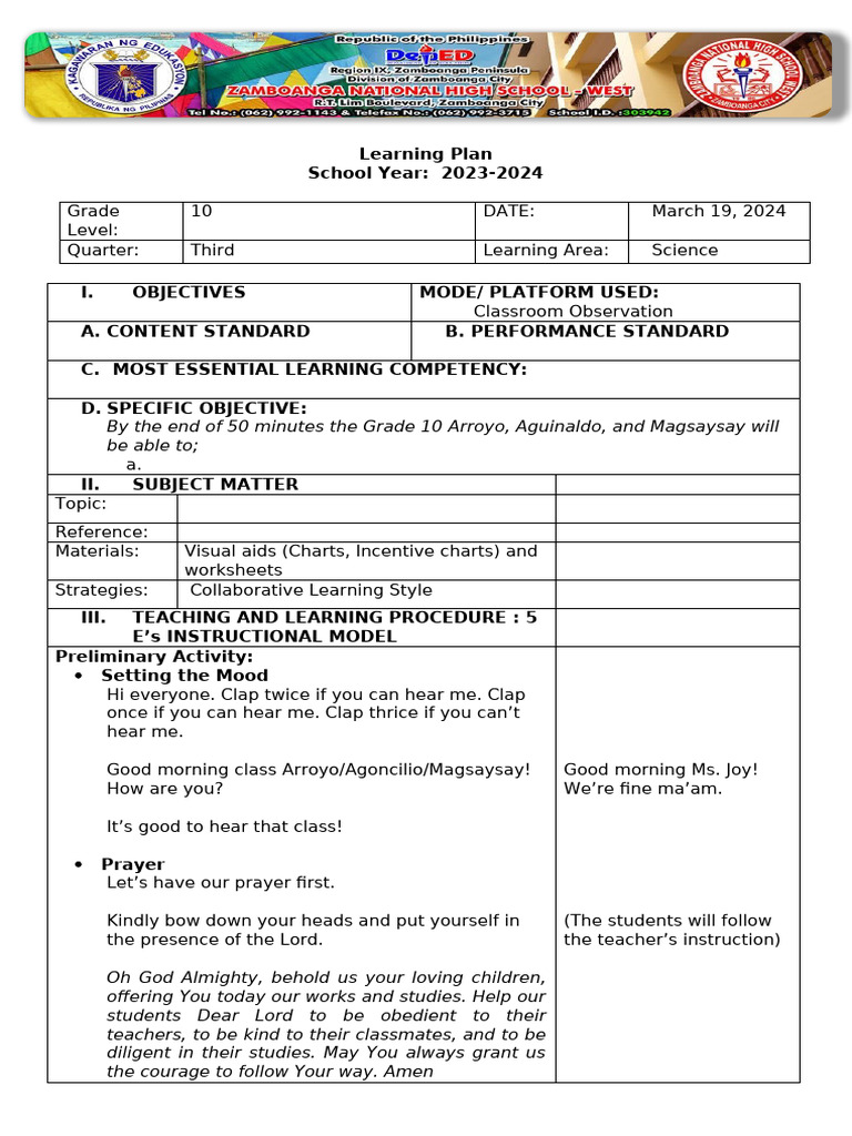 Grade 10 Science Learning Plan | PDF | Gases | Mole (Unit)
