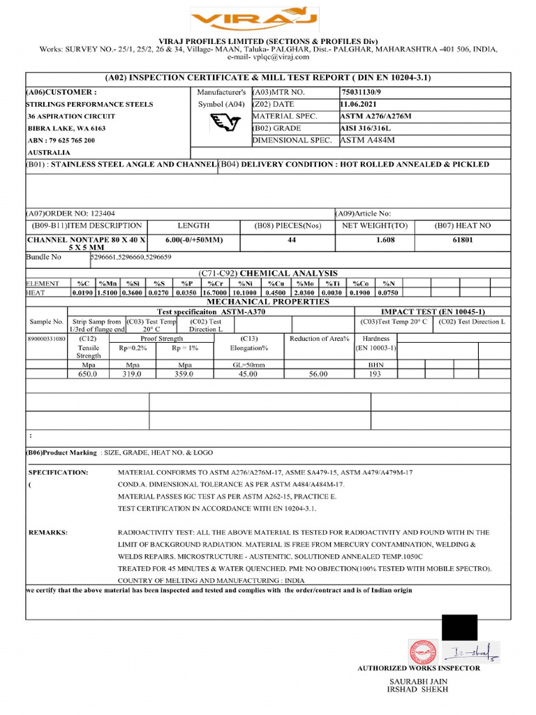 Item1__HeatNumber=61801 80x40 channel SS | PDF