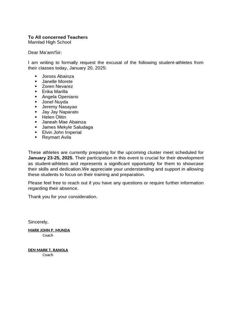 Excusal Request for Student-Athletes | PDF