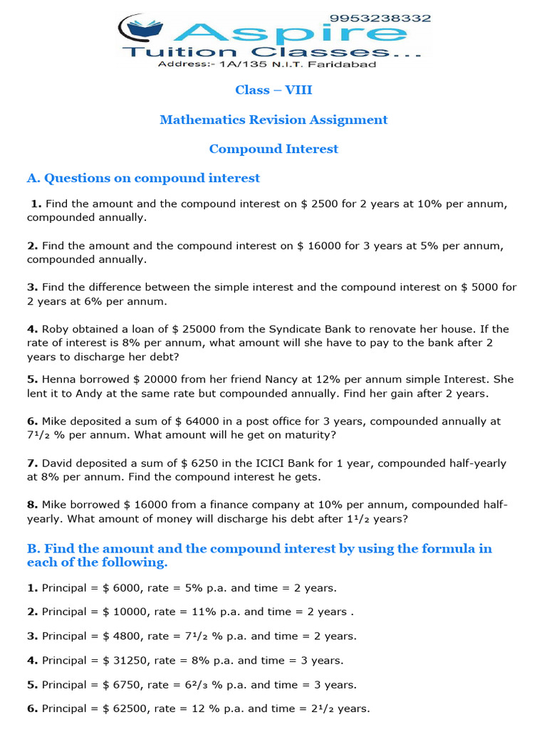 Compound Interest Questions for Class VIII | PDF | Interest | Compound ...