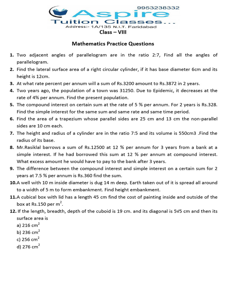 ATC Maths VIII Practice Questions | PDF