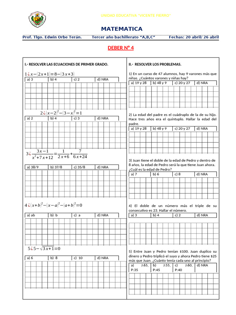 Deber de Matematica #4 | PDF | Matemáticas