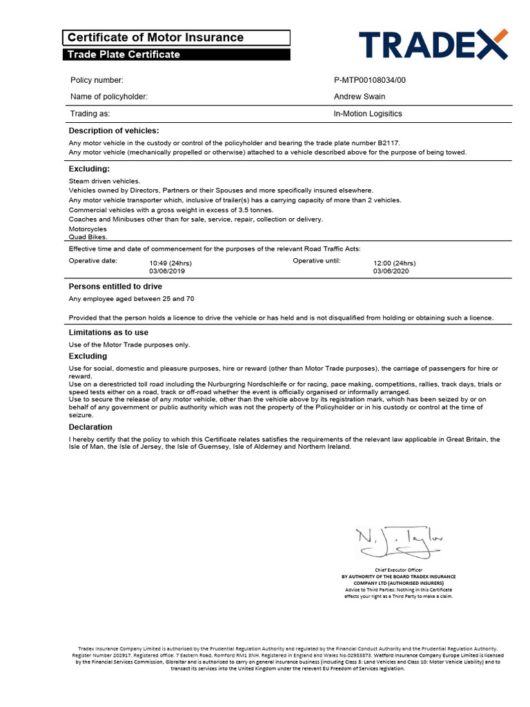 Trade Plate Certificate | PDF | Insurance | Vehicles