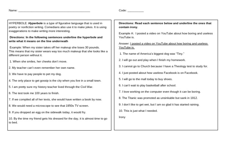 Irony-Hyperbole Worksheet | PDF