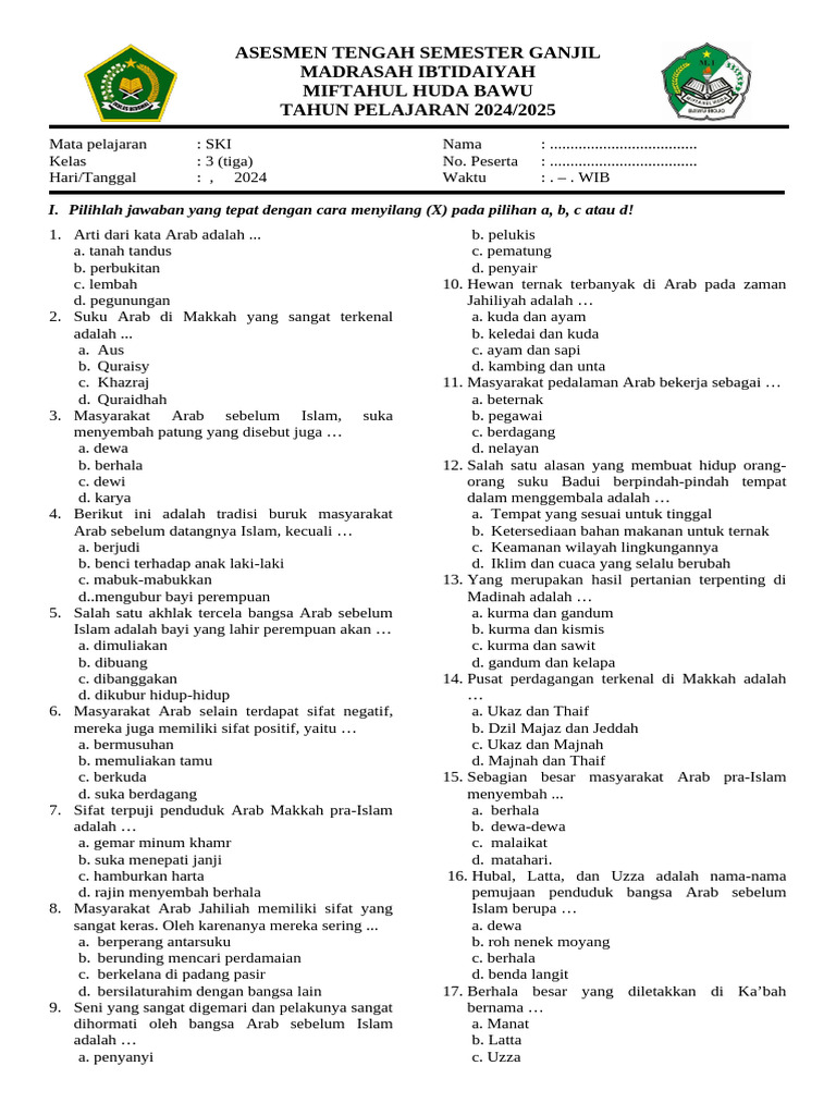 SOAL ATS GANJIL KELAS 3 SKI | PDF