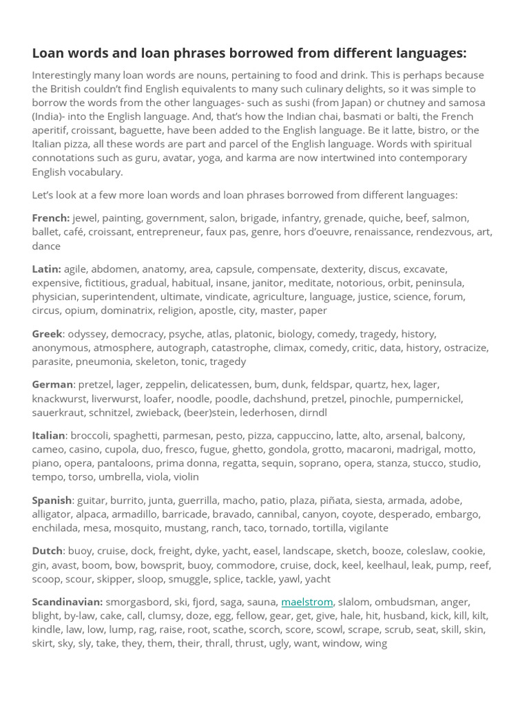 Loan Words and Loan Phrases Borrowed From Different Languages | PDF