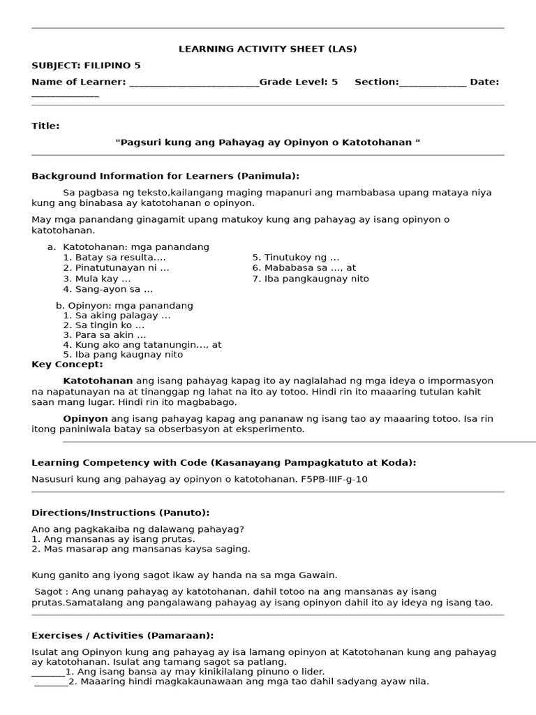 Learning-Activity-Sheet-Filipino 5 Q3-Week5.1 | PDF