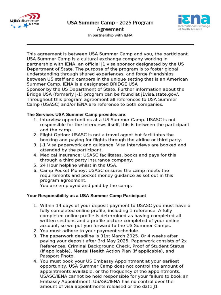 USA Summer Camp 2025 Program Agreement | PDF | Travel Visa | Insurance