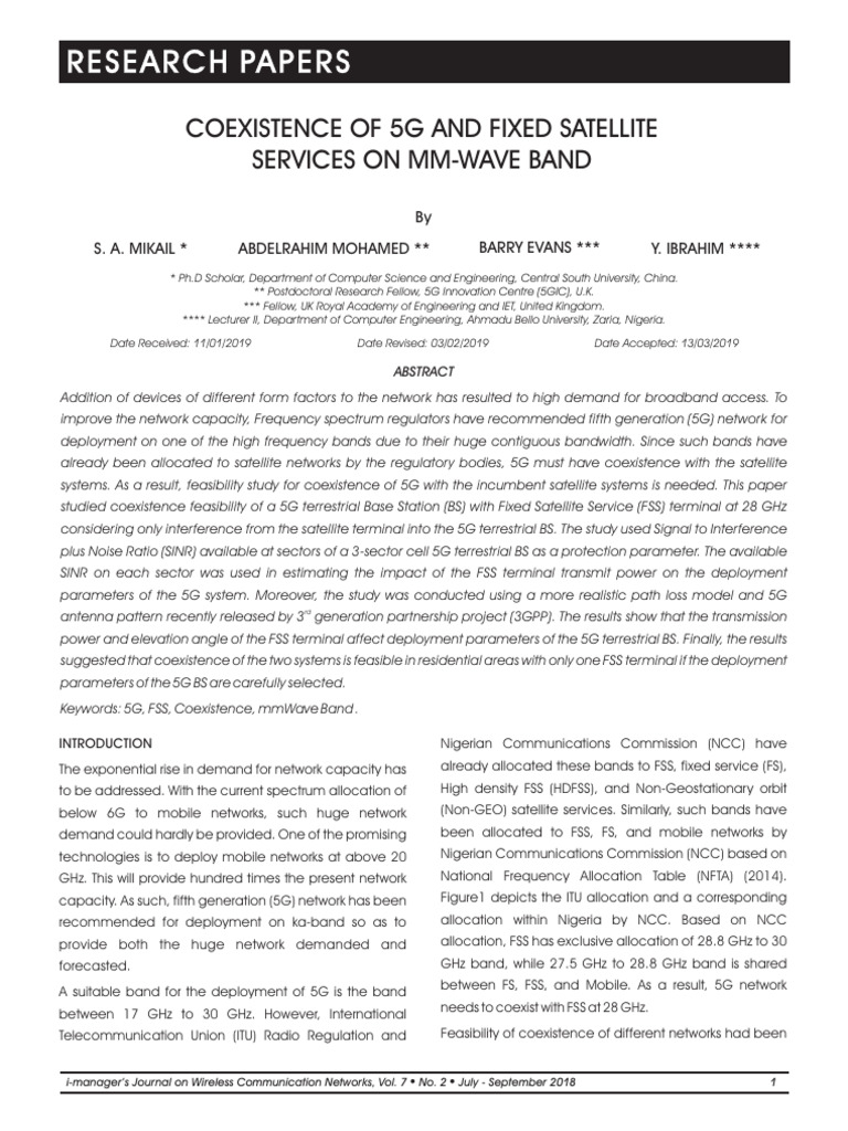 Coexistence of 5G and Fixed Satellite Services On MM-Wave Band | PDF ...