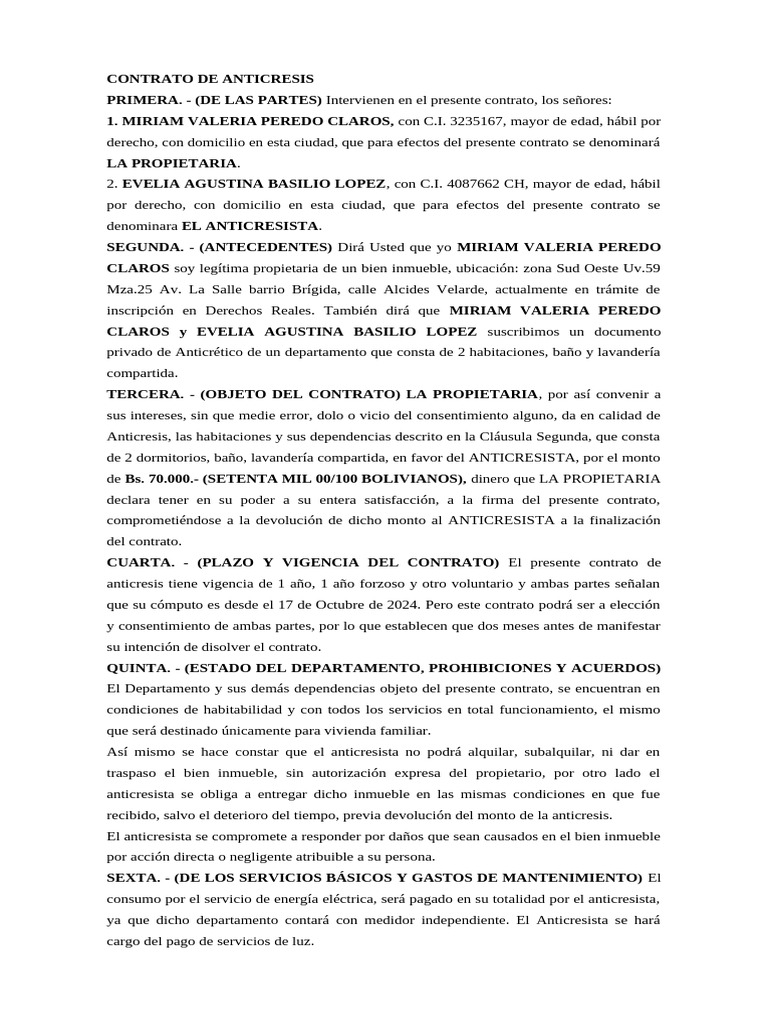 CONTRATO DE ANTICRESIS Miriam | PDF