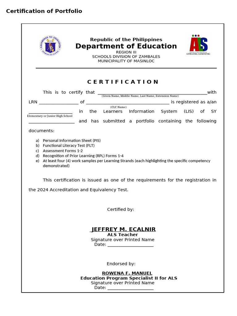 Certification for ALS Program Completers | PDF | Learning