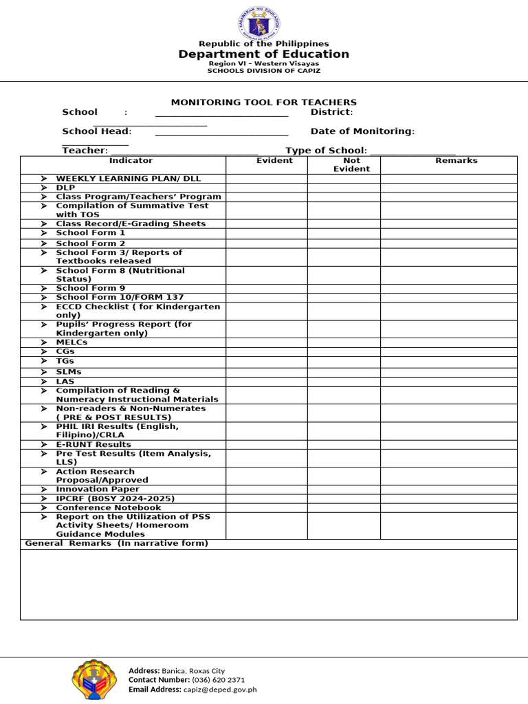 Teacher and School Head Monitoring Tool | PDF