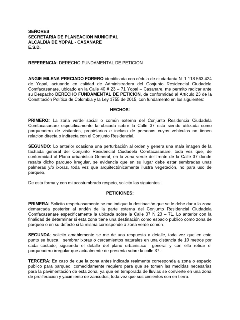 Petición sobre uso de zona verde en Yopal | PDF | Justicia | Crimen y violencia