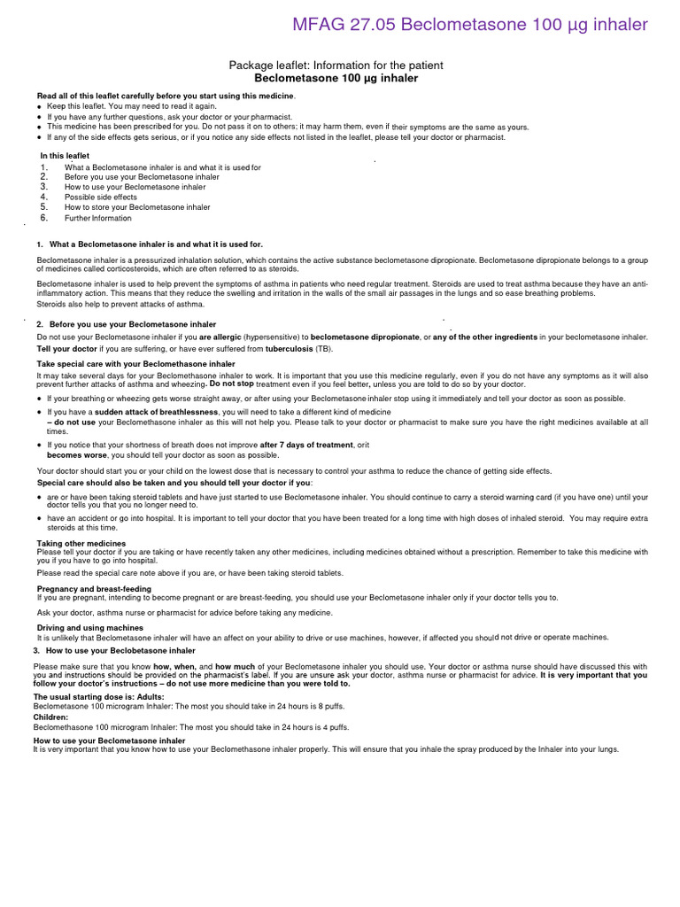 MFAG 27.05 Beclometasone 100 G Inhaler - C | PDF | Asthma | Corticosteroid