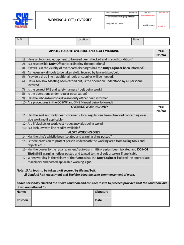 B.12 Overside Working and Working Aloft Checklist | PDF | Occupational ...