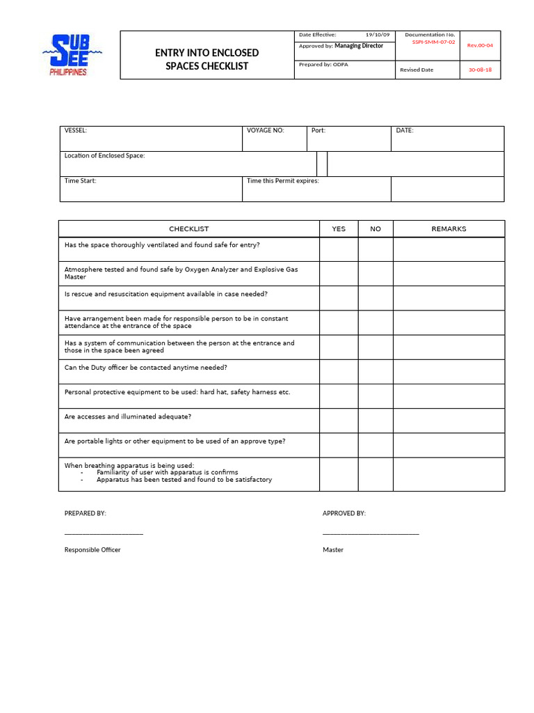 Enclosed Spaces Entry Checklist | PDF